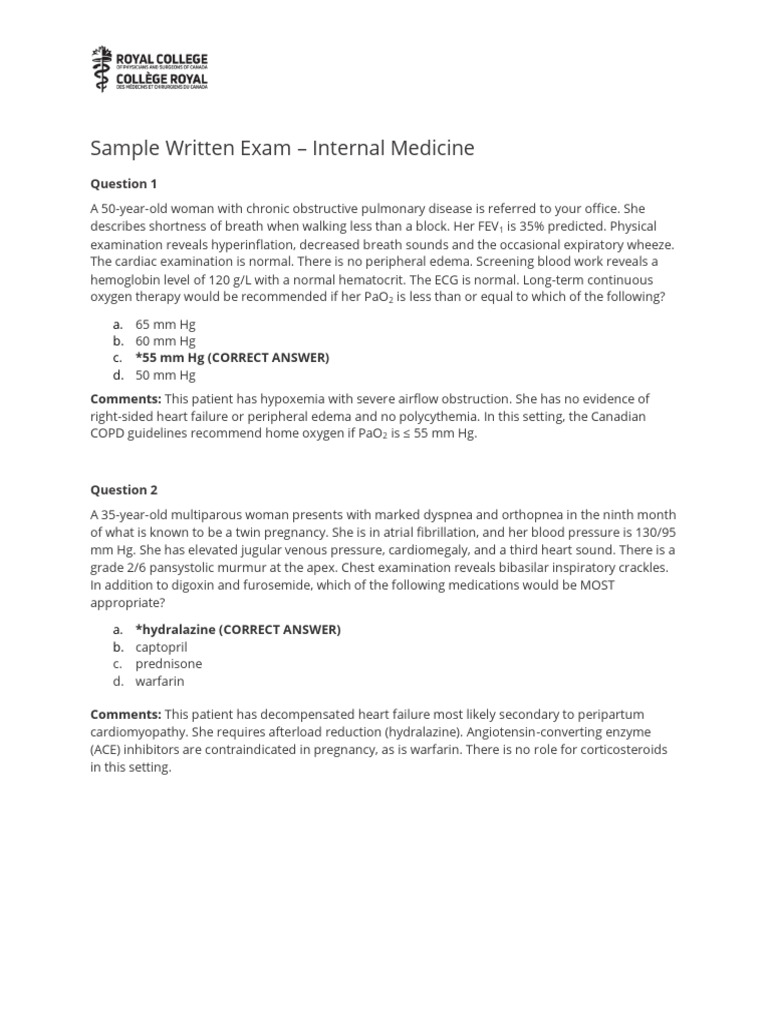internal_medicine_mcq_sample_exam_e | PDF | Heart | Heart Failure