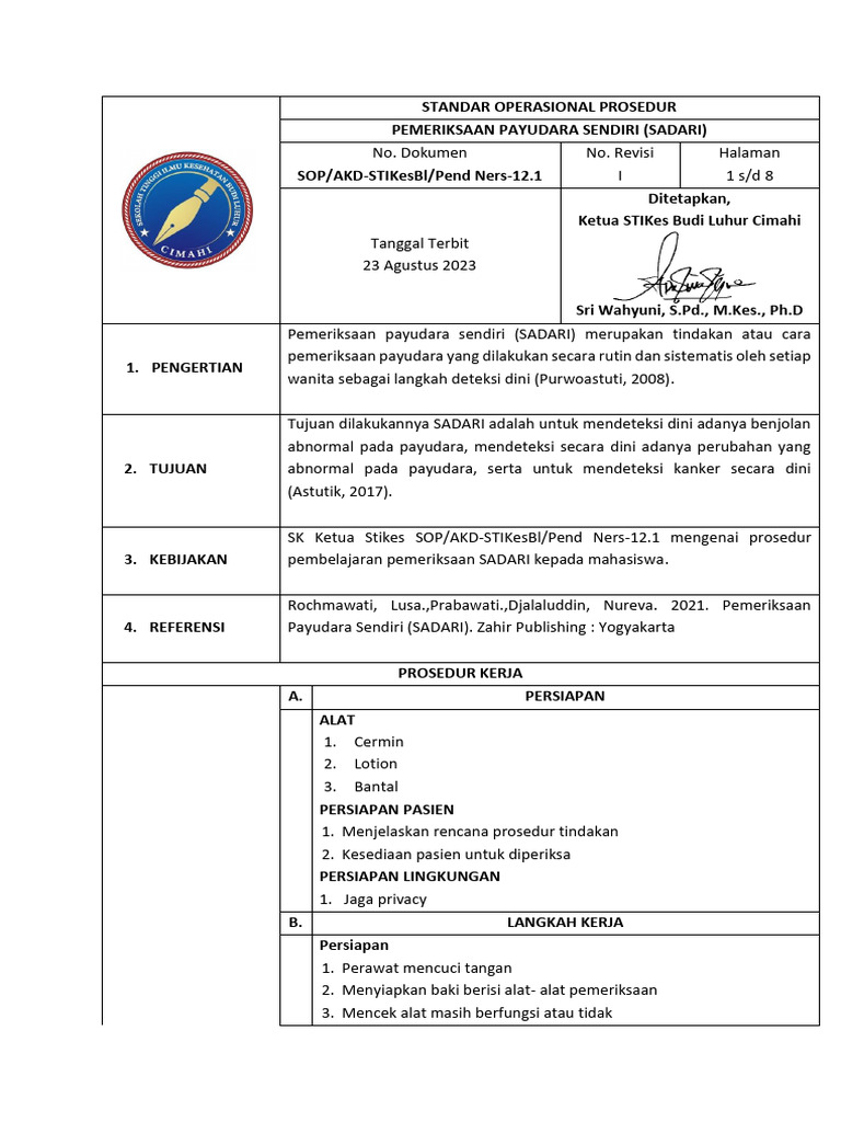 Sop Pemeriksaan Sadari | PDF
