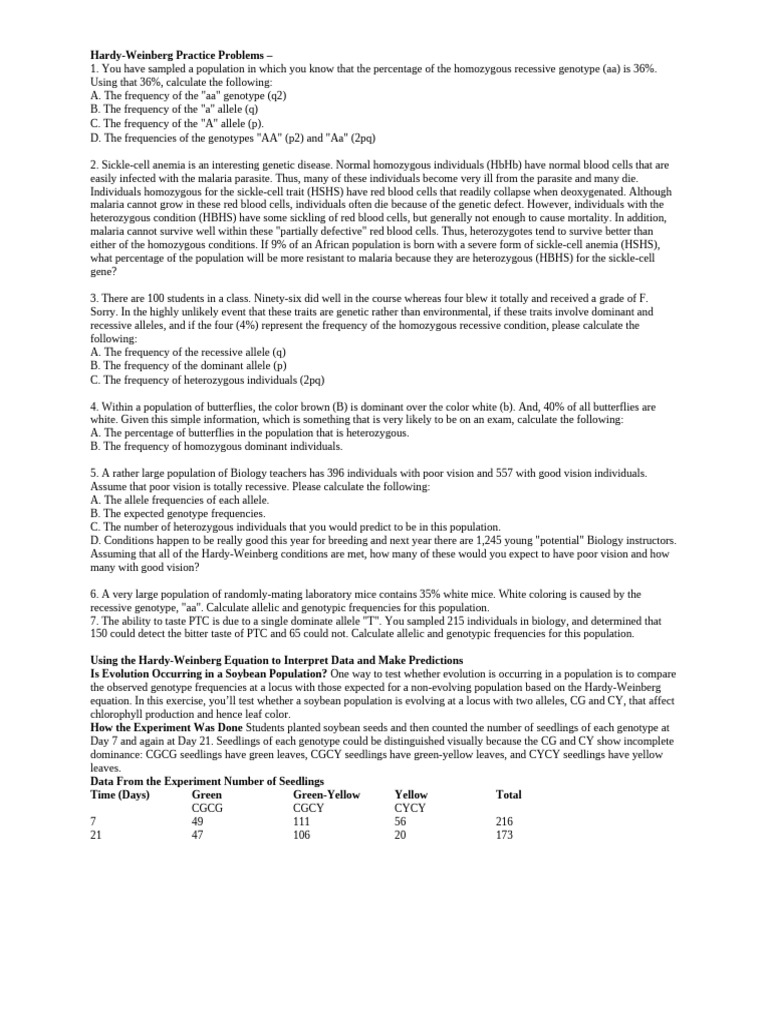 Hardy-Weinberg Problems Questions | PDF | Zygosity | Dominance (Genetics)