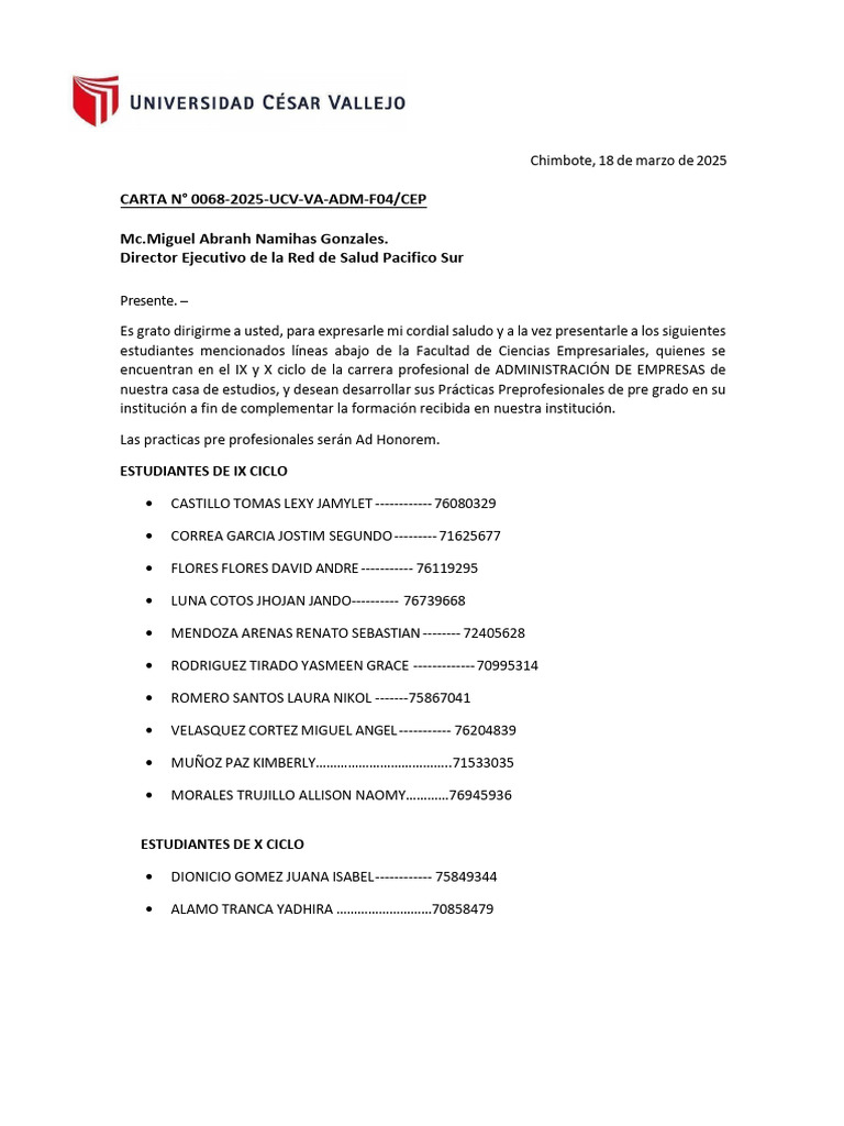 Carta Profesional N 68 U.E. Red de Salud Pacifico Sur (2) (2) - 1 | PDF