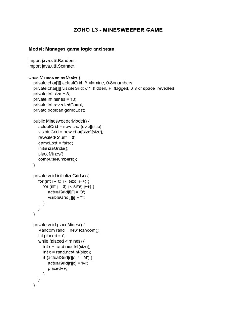 ZOHO L3 - MINESWEEPER GAME | PDF | Boolean Data Type | Software Engineering