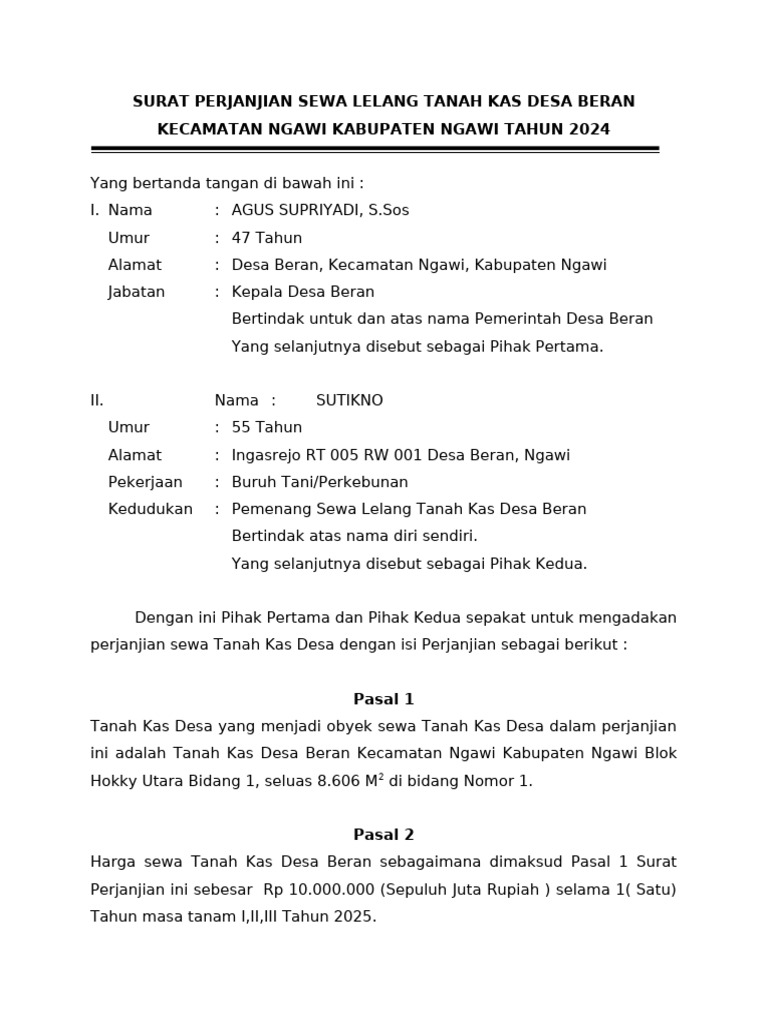 Surat Perjanjian Lelang TKD | PDF