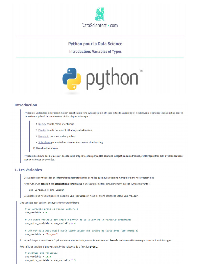 01 - Introduction - Variables Et Types | PDF
