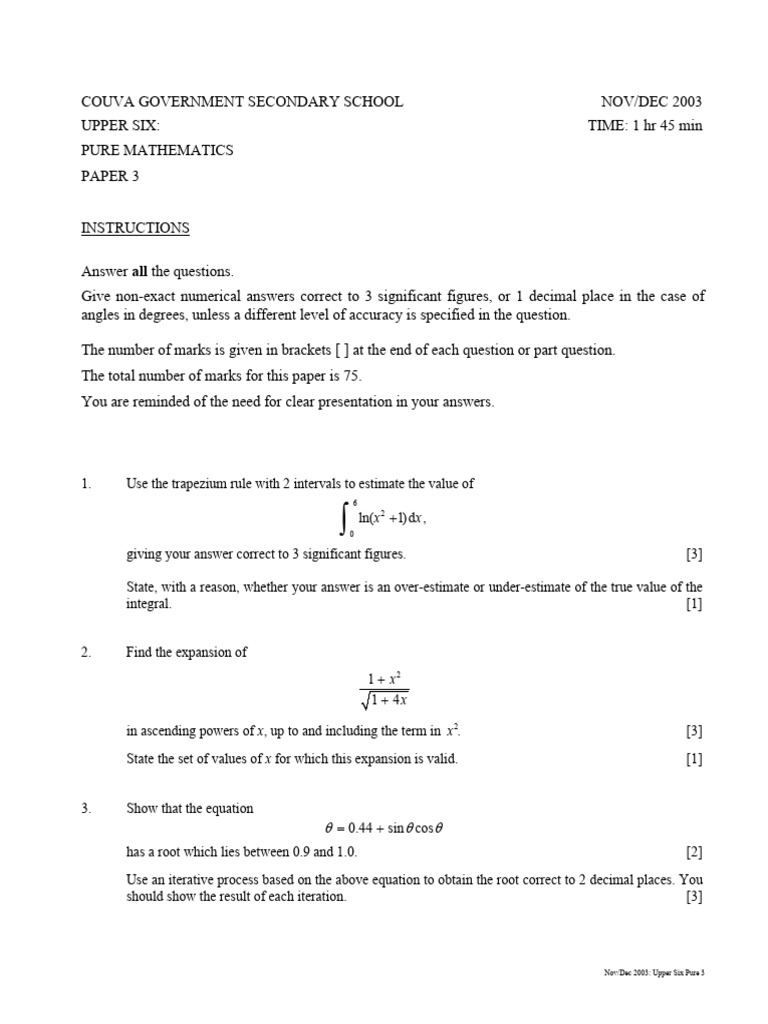 Upper Six Pure Mathematics Paper 3 | PDF | Equations | Numbers