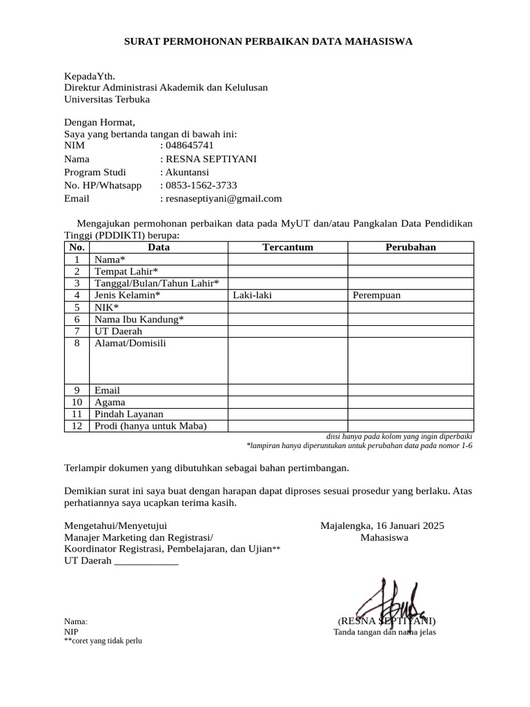Surat Permohonan Perbaikan Data Mahasiswa Ut | PDF
