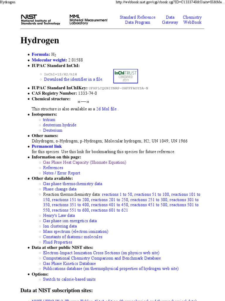 Hydrogen NIST Data | PDF | Hydrogen | Molecules