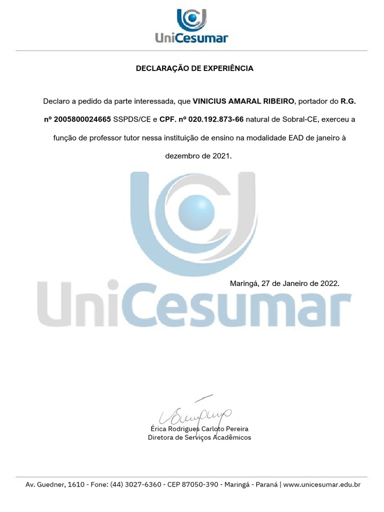 Comprovante de Experiencia Unicesumar.pdf | PDF