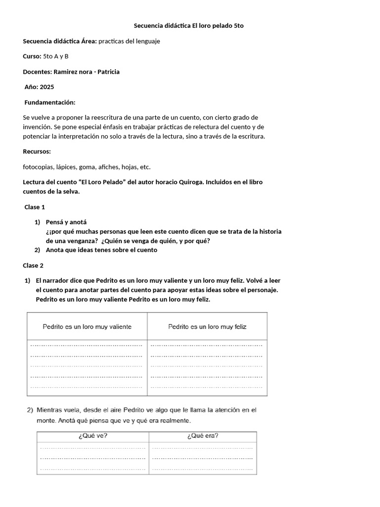 Actividades del cuento "El Loro Pelado" | PDF