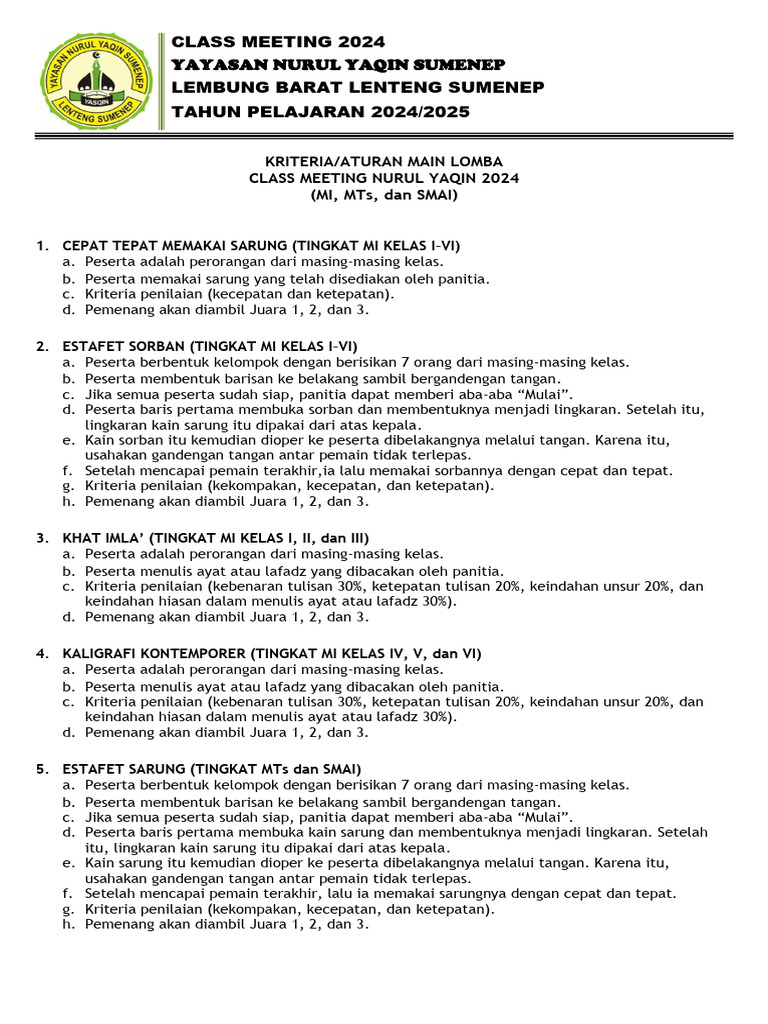 KRITERIA LOMBA CLASS MEETING NURUL YAQIN 2024 (MI, MTS, Dan SMAI) | PDF