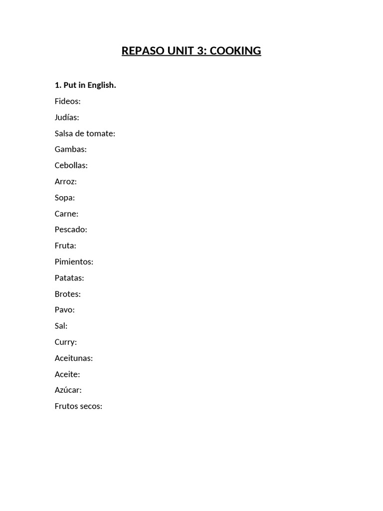 Vocabulario y Ejercicios de Cocina | PDF