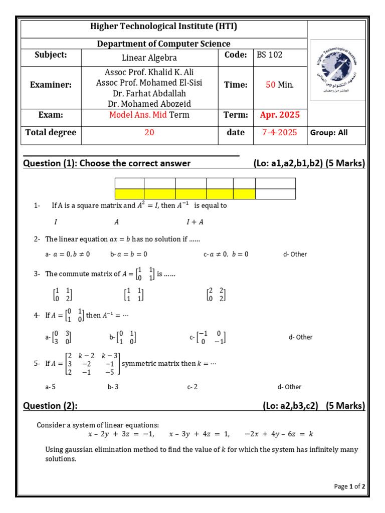 Linear Algebra Midterm Exam Model Answers | PDF | Functions And ...