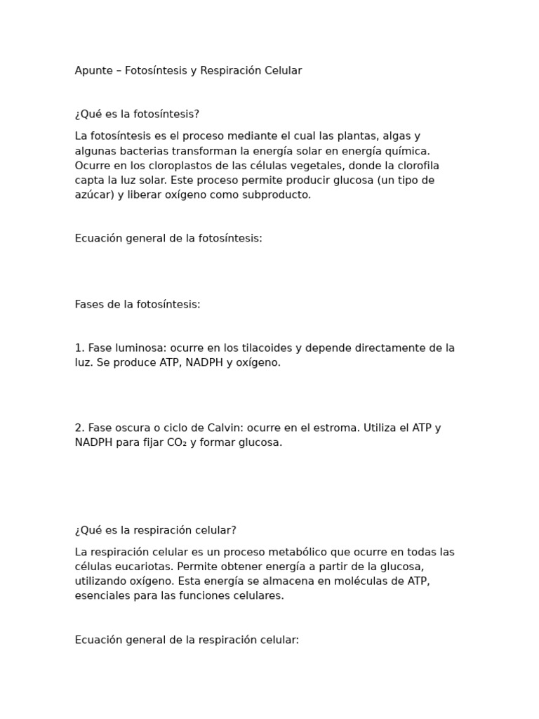 Apunte - Fotosíntesis y Respiración Celular | PDF
