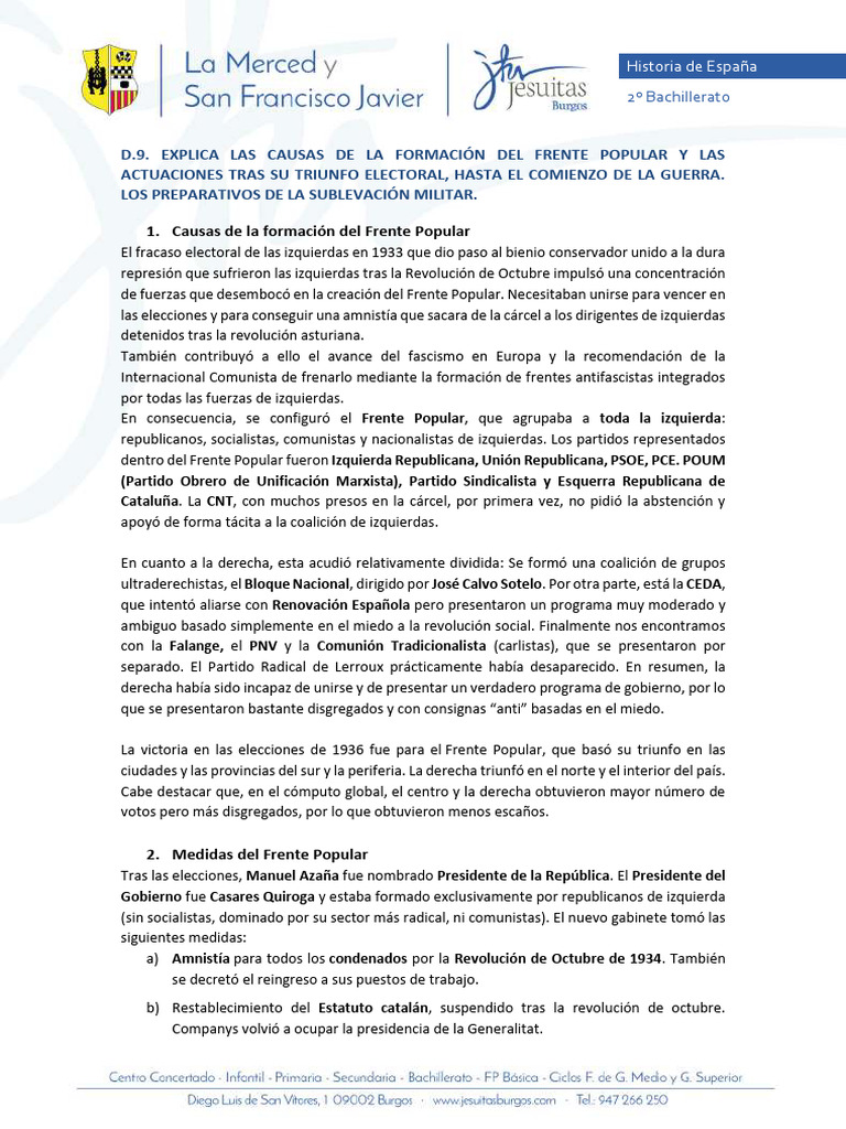Bloque D 9 - Frente Popular | PDF | Política de españa | España