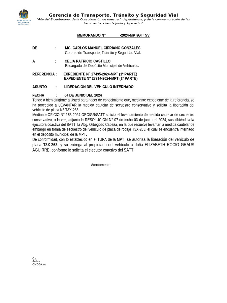 Liberacion - 27714- 27495-2024-SATT | PDF