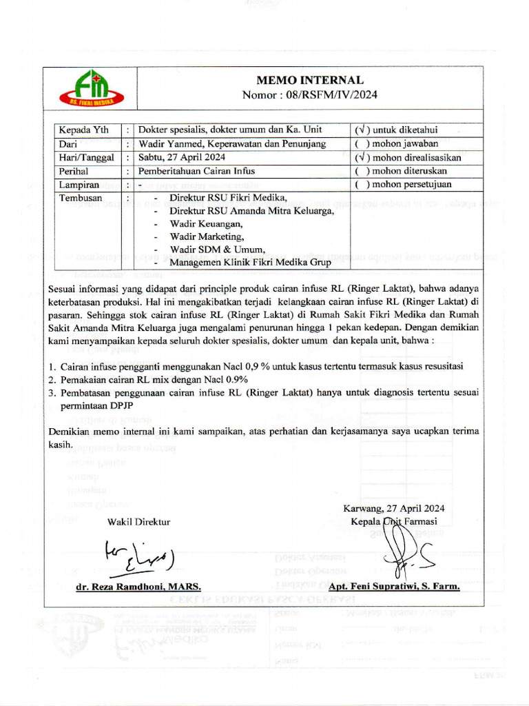 Memo Internal Cairan Infus Rl | PDF
