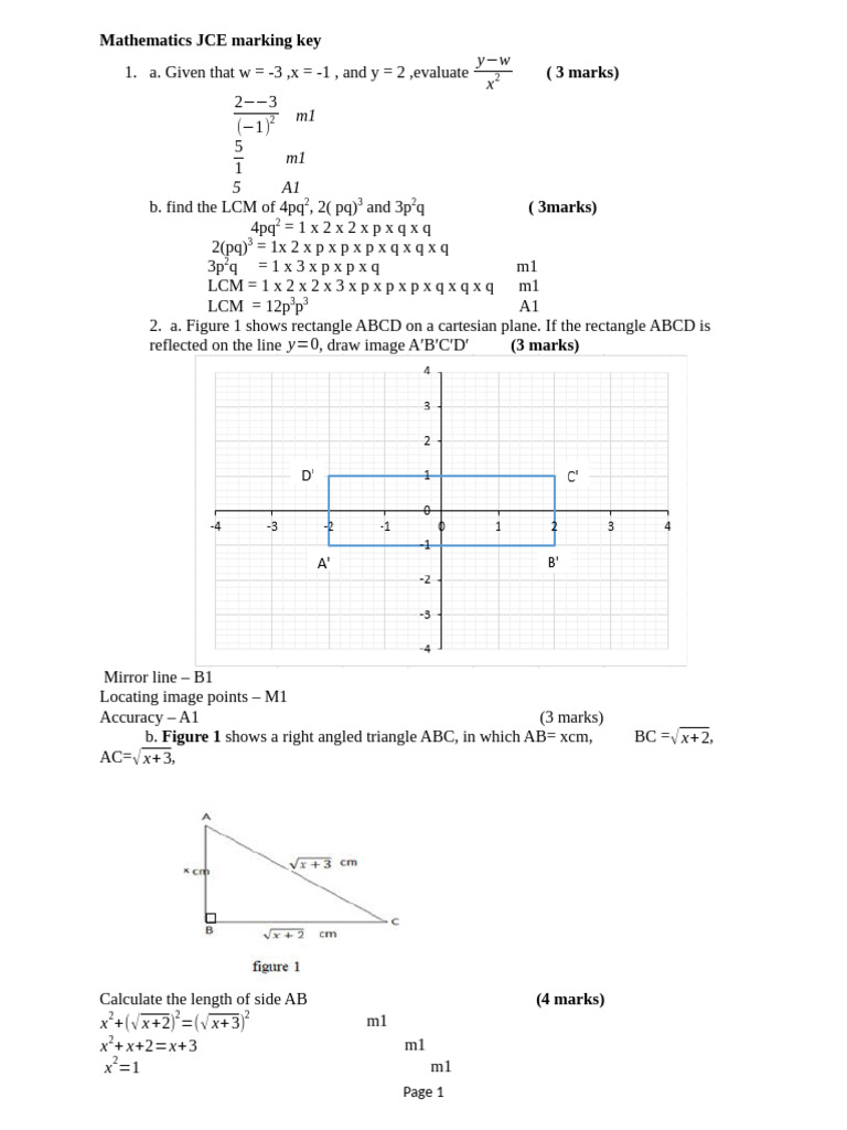 Y W X m1 m1 5 A1: Mathematics JCE Marking Key (3 Marks) | PDF ...