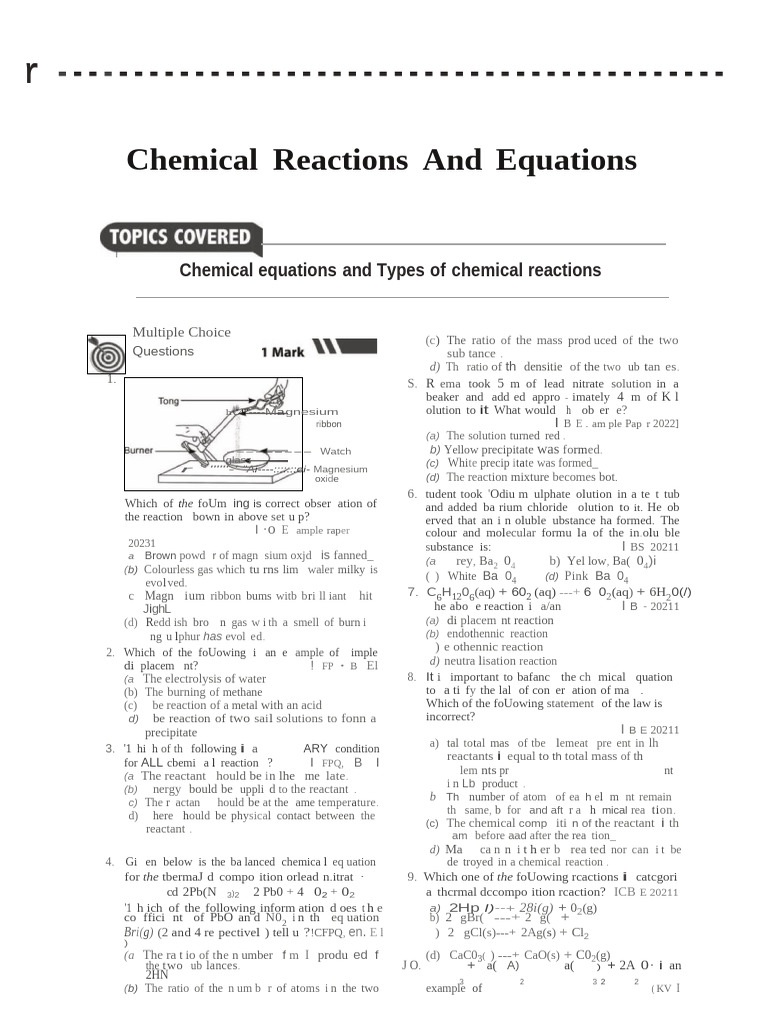 Chemical Reactions: MCQ Practice Guide | PDF | Chemical Reactions ...