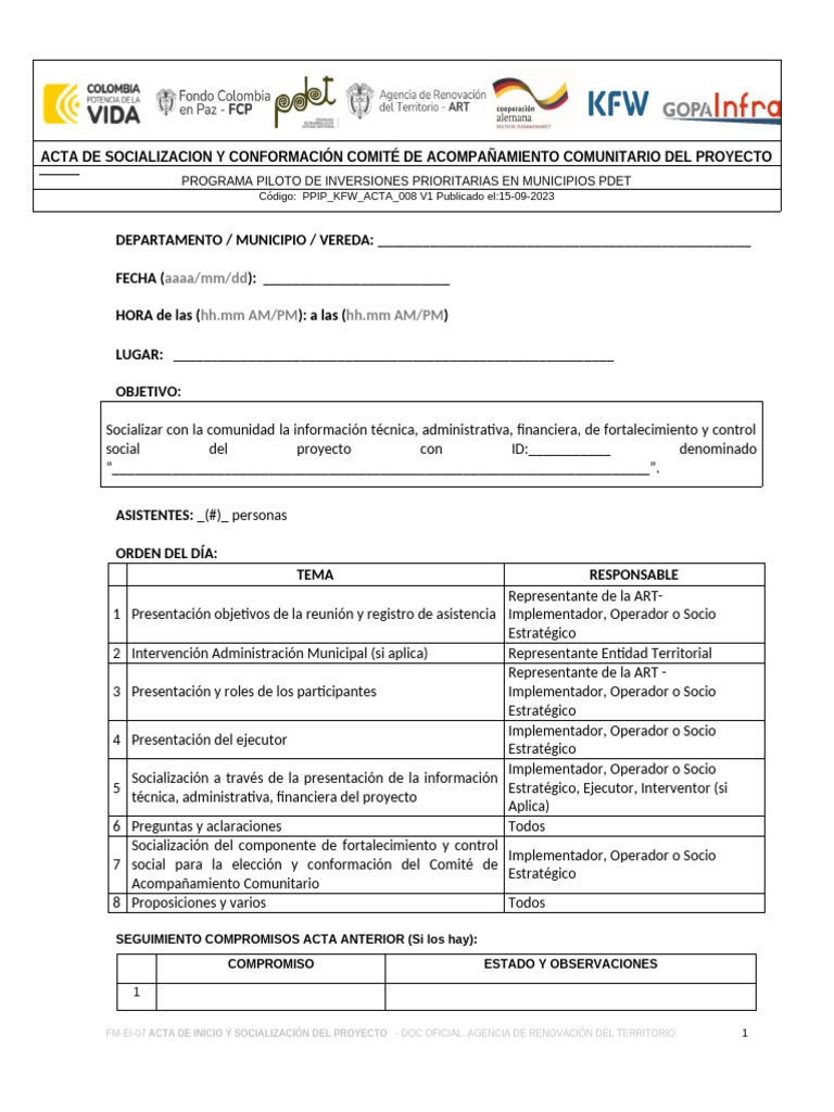 PPIP - KFW - ACTA - 008 - V1 Acta de Socialización Del Proyecto | PDF | Socialización