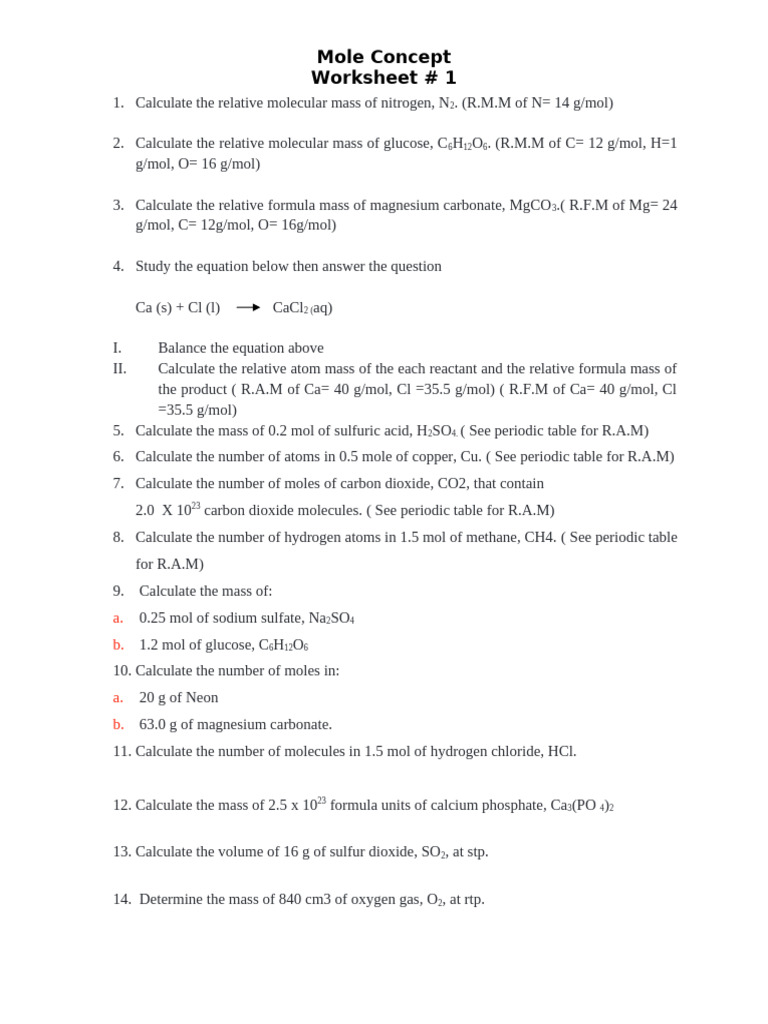 Mole concept Worksheet part 1 | PDF