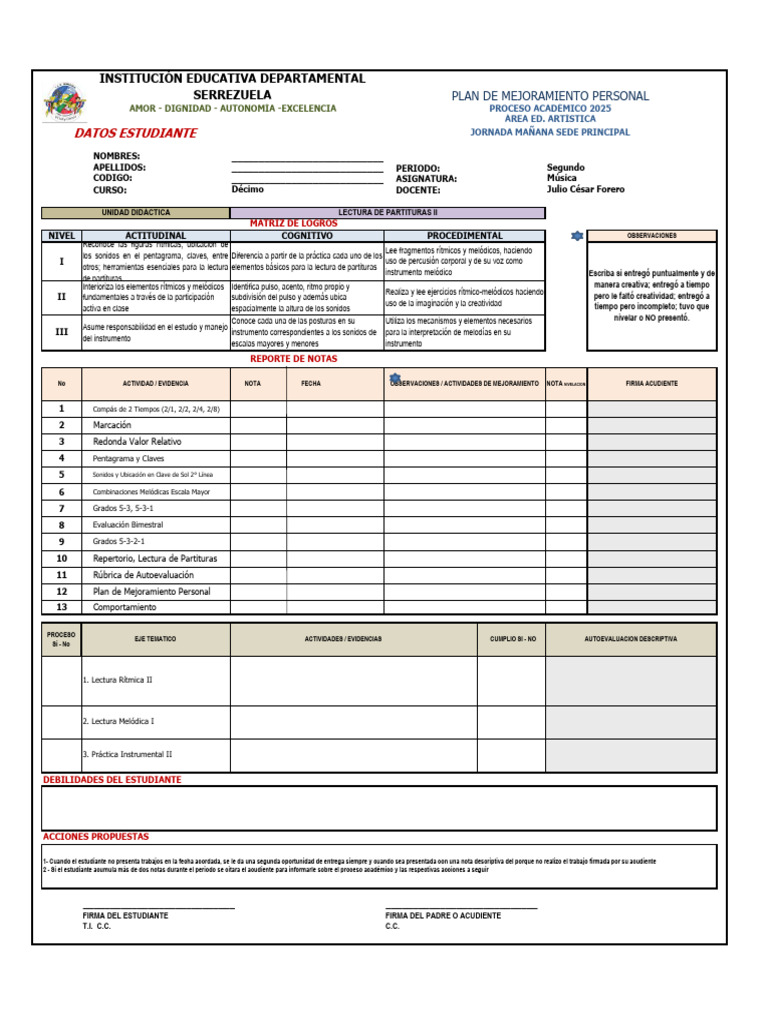 D-cimo - PLAN DE MEJORAMIENTO PERSONAL II P | PDF | Ritmo | Melodía