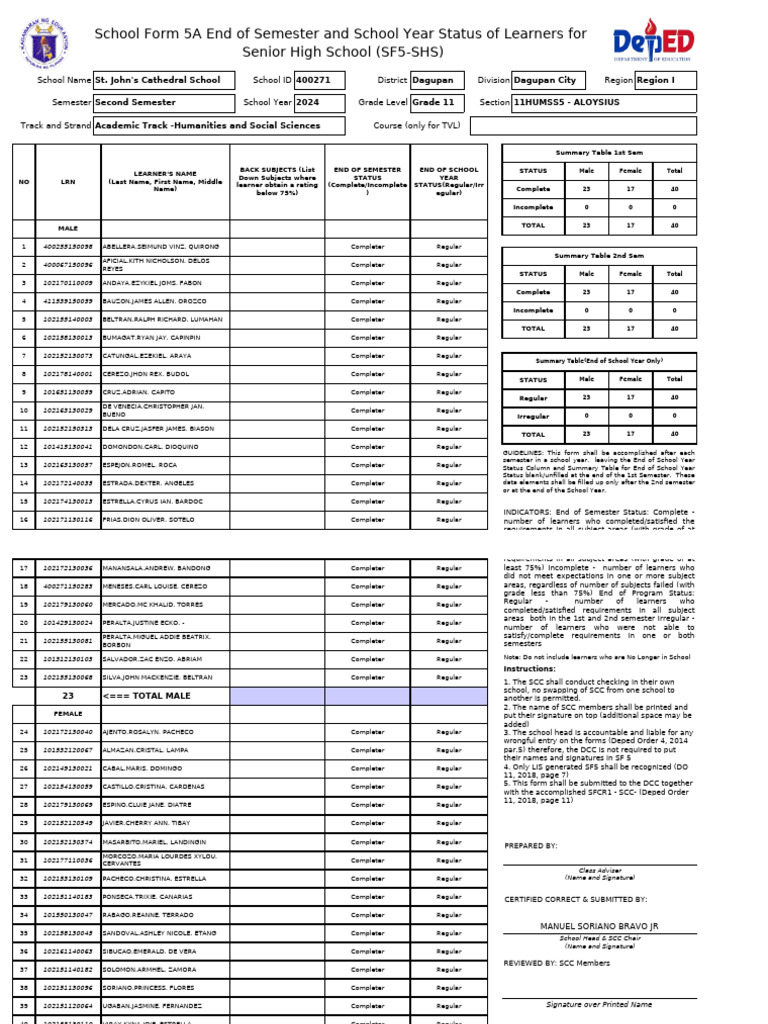 School Form 5A (SF 5A) (2ND) | PDF