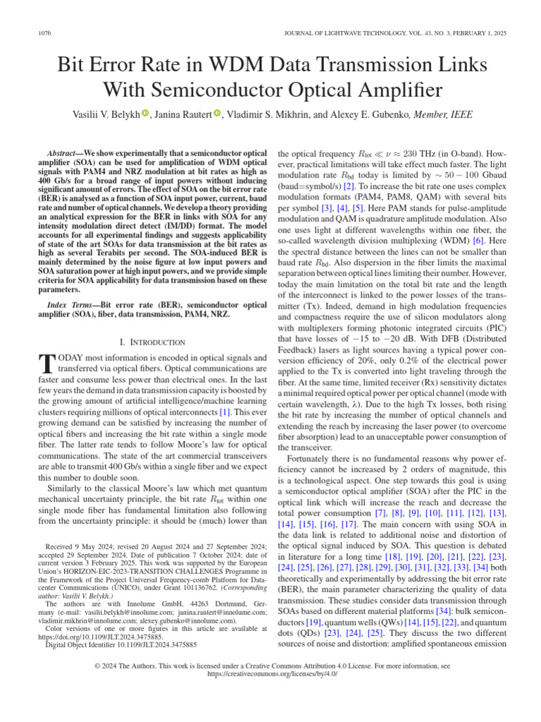 Bit Error Rate in WDM Data Transmission Links With Semiconductor ...
