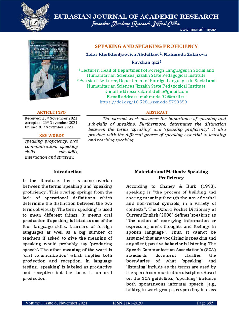 Speaking and Speaking Proficiency | PDF | English As A Second Or ...