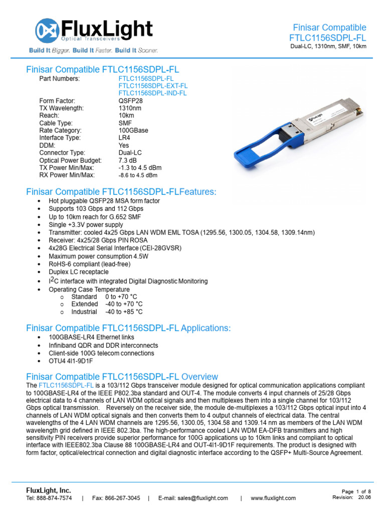 Finisar FTLC1156SDPL-FL Datasheet | PDF | Wavelength Division Multiplexing | Electrical Engineering