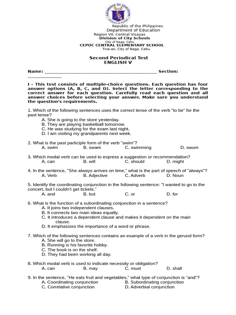 ENGLISH 5 2nd P.Test W - Answer Key | PDF | Narration | Verb