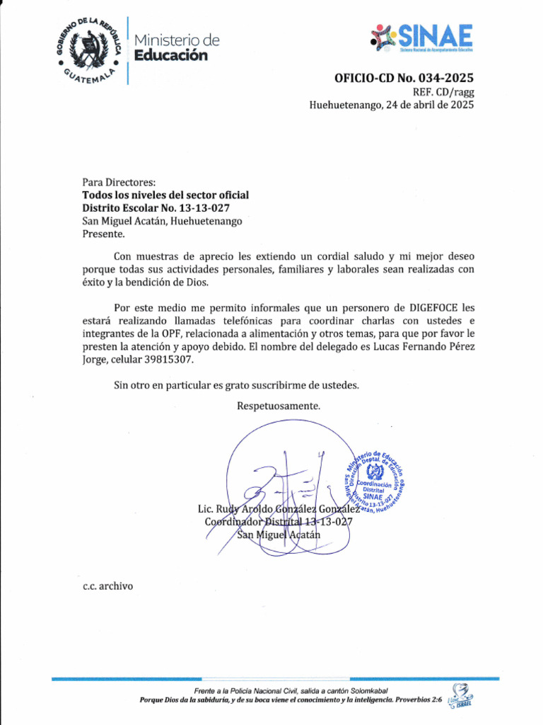 Z - Oficio CD-13-13-027 No. 034-2025 A Directores X Visita Por Parte de Delegado de DIGEFOCE | PDF
