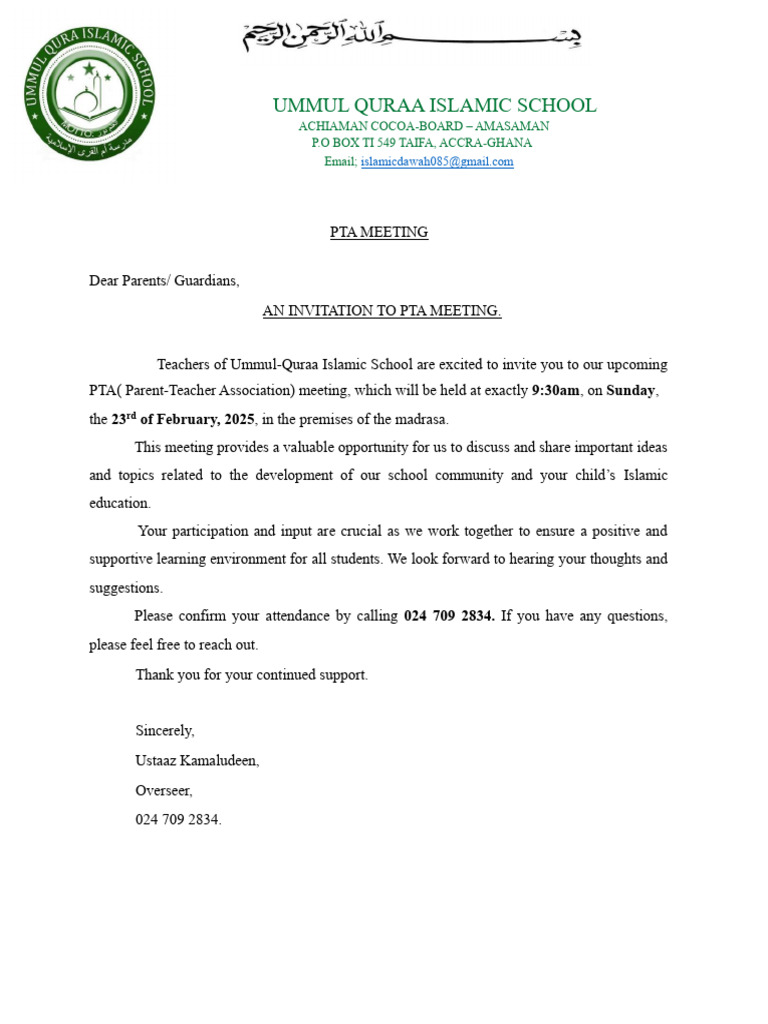 PTA Meeting Invitation for Parents | PDF