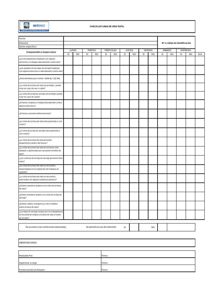 Checklist de Inspección Línea de Vida | PDF