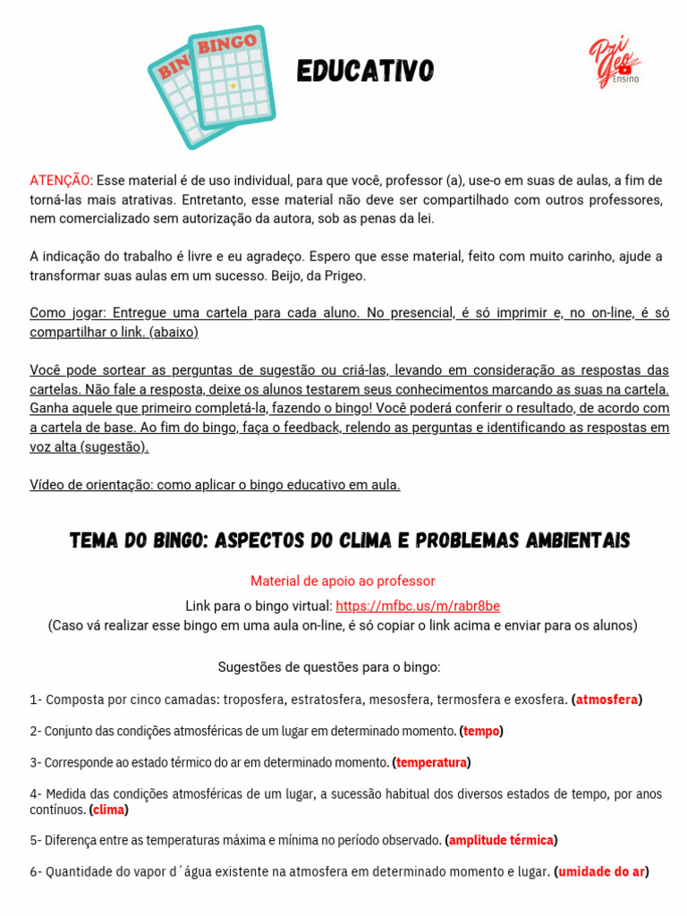 Bingo +Aspectos+Do+Clima+e+Problemas+Ambientais PDF | PDF | Clima ...