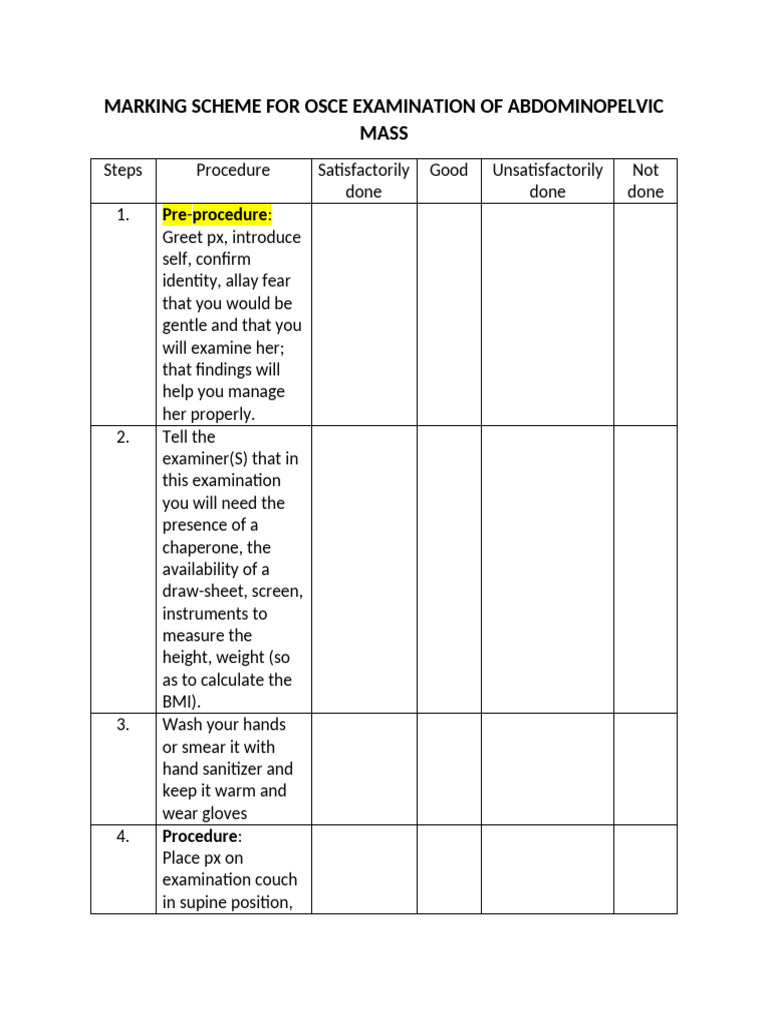 Marking Scheme for Osce Examination of Abdominopelvic Mass | PDF ...