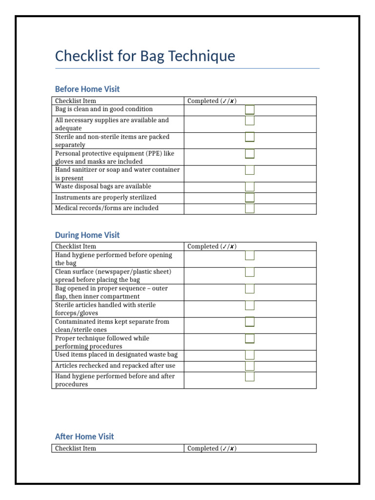 Checklist For Bag Technique | PDF
