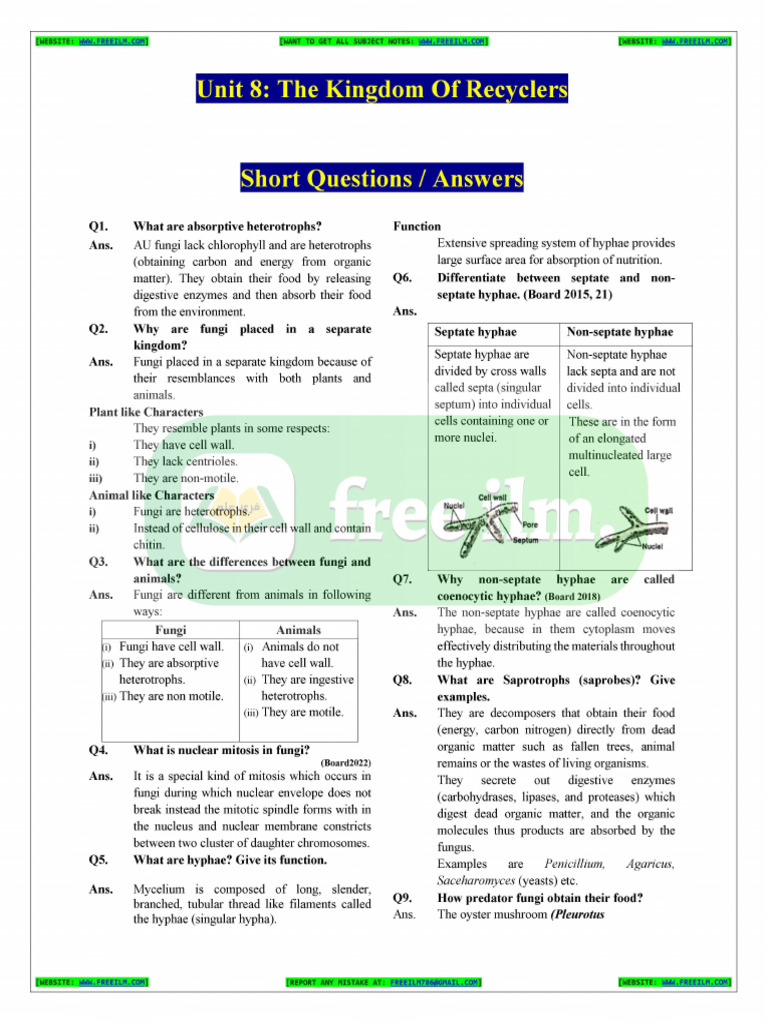 11th Bio CH 8 Short Questions Answers | PDF