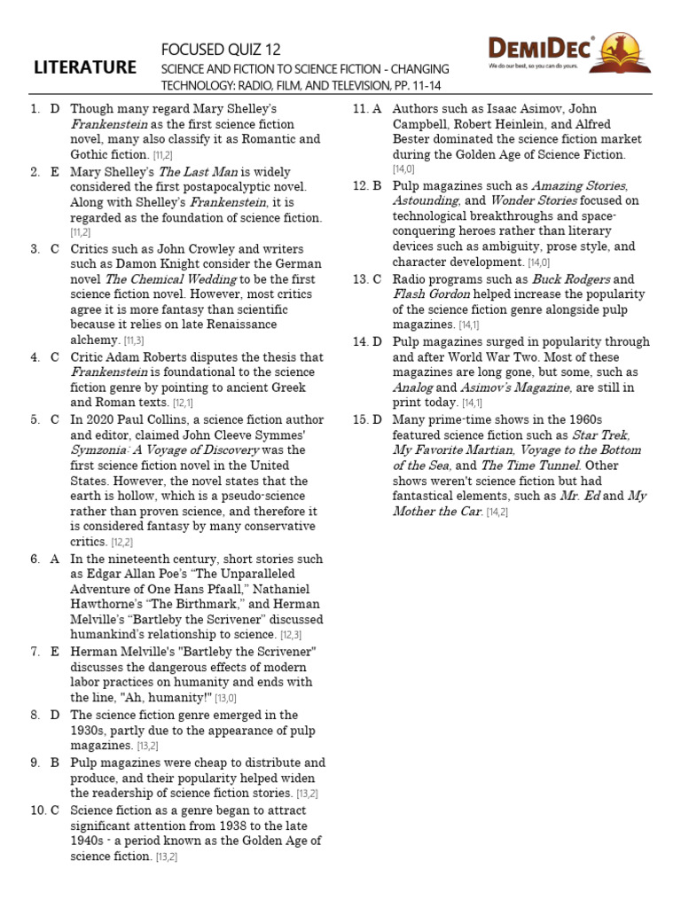 Literature Focused Quizzes Answer Guides (Resource) (2023) | PDF ...