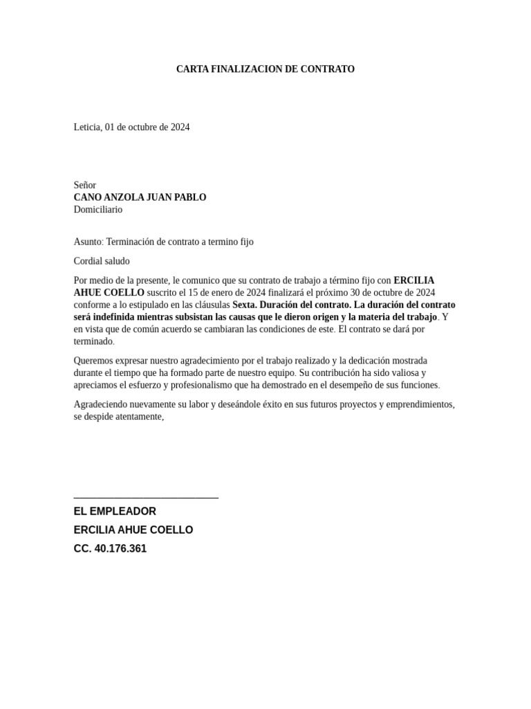 Terminación de Contrato Laboral 2024 | PDF