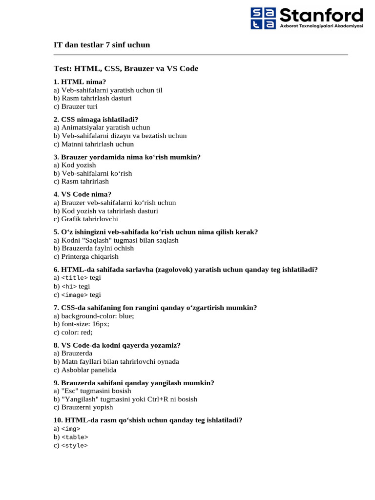 Exam For 7 Classes (Uzb) | PDF