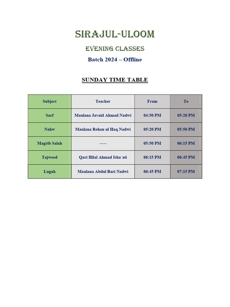Sunday Time Table-1 | PDF