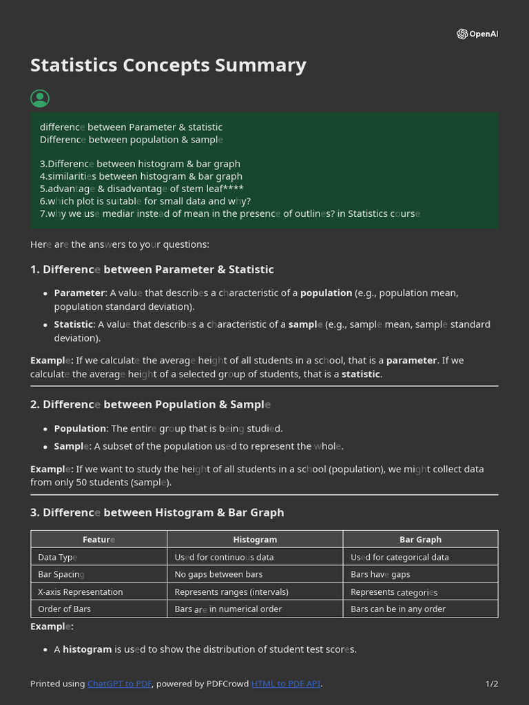 Statistics Concepts Summary | PDF | Histogram | Statistics