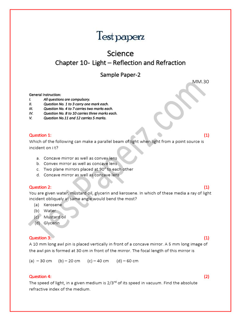 Light-Â " Reflection and Refraction Sample Paper 2 | PDF | Optics ...