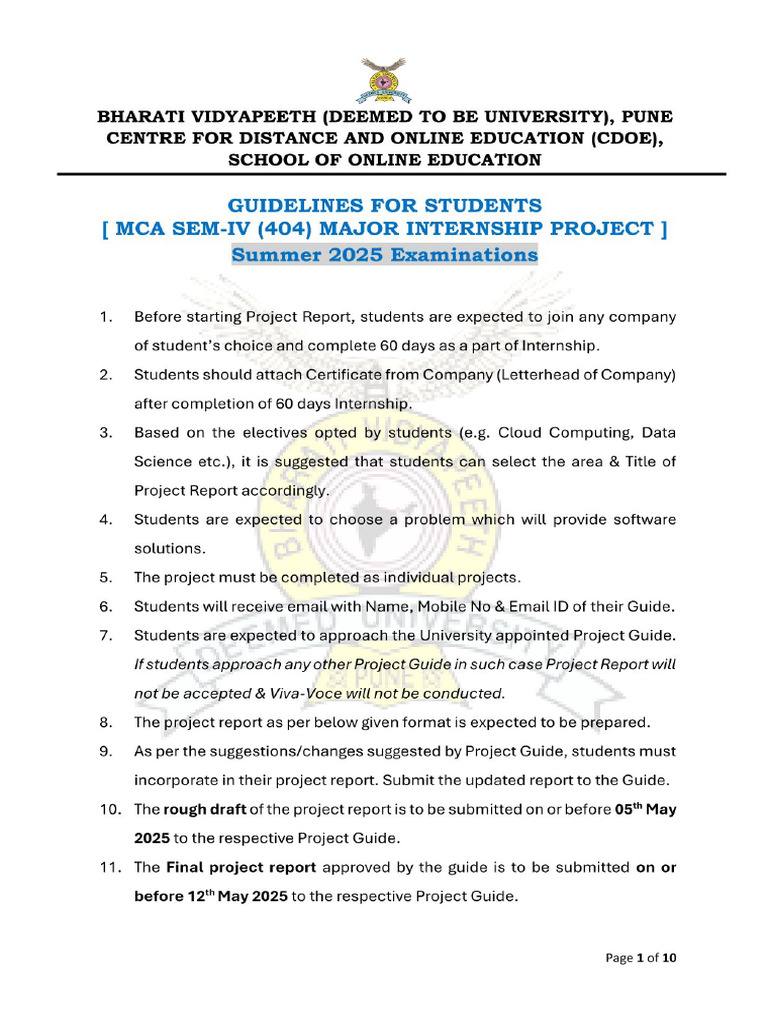 404 Guidelines For Students - MCA 404-Major Internship Project Vfinal (1) XX | PDF