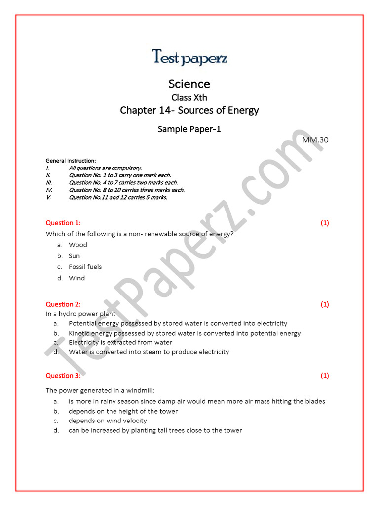 Sources-Of Energy Sample Paper 1 | PDF | Energy Development | Fuels