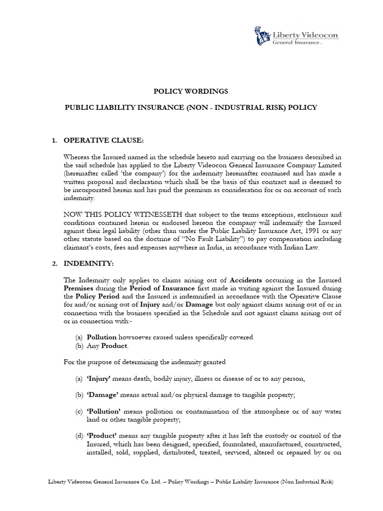 Public Liability Insurance Policy Details | PDF | Indemnity | Insurance