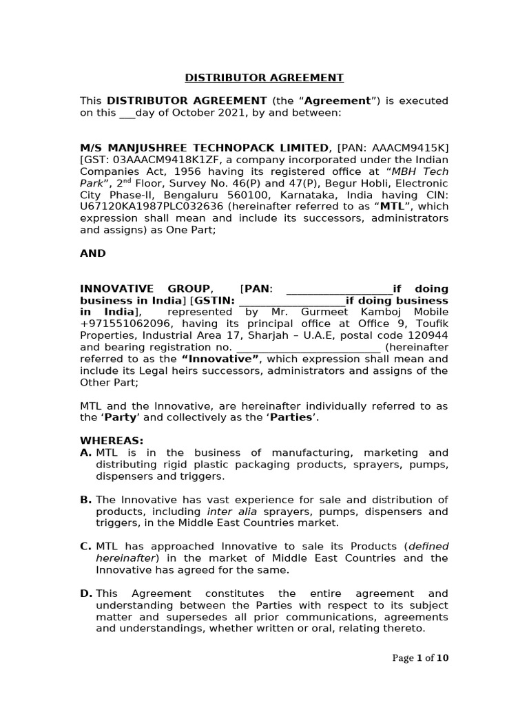 Distributor Agreement Dt19.10.2021 | PDF | Breach Of Contract | Law Of ...