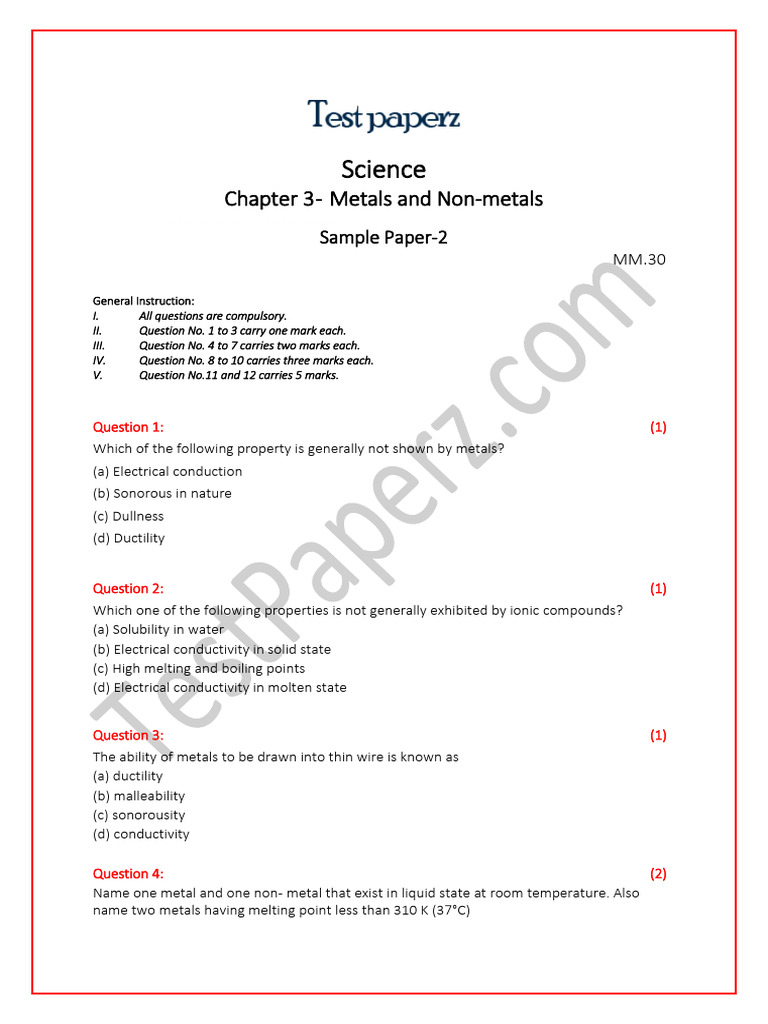 Metals-And Non-Metals Sample Paper 2 | PDF | Salt (Chemistry) | Metals