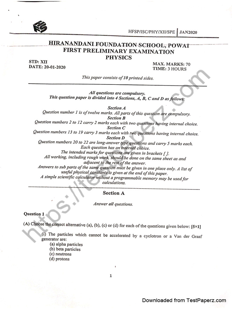 HFSP-ISC12 Physics Prelim 2020 | PDF