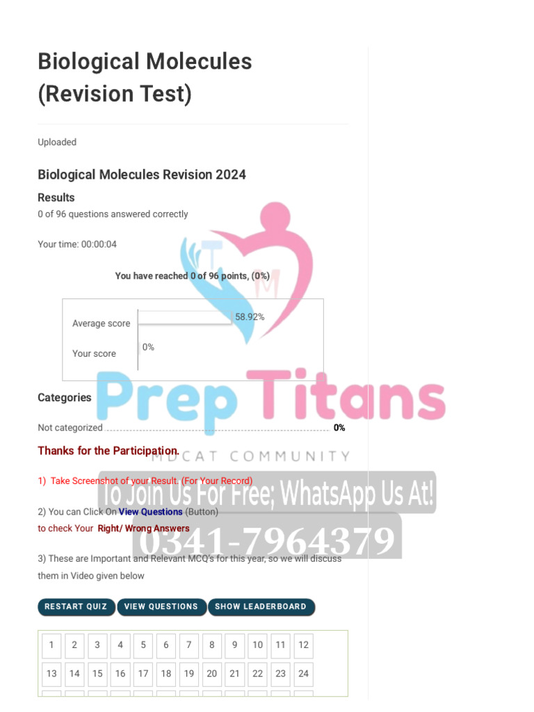 Biological Molecules Revision Test | PDF | Glucose | Polysaccharide