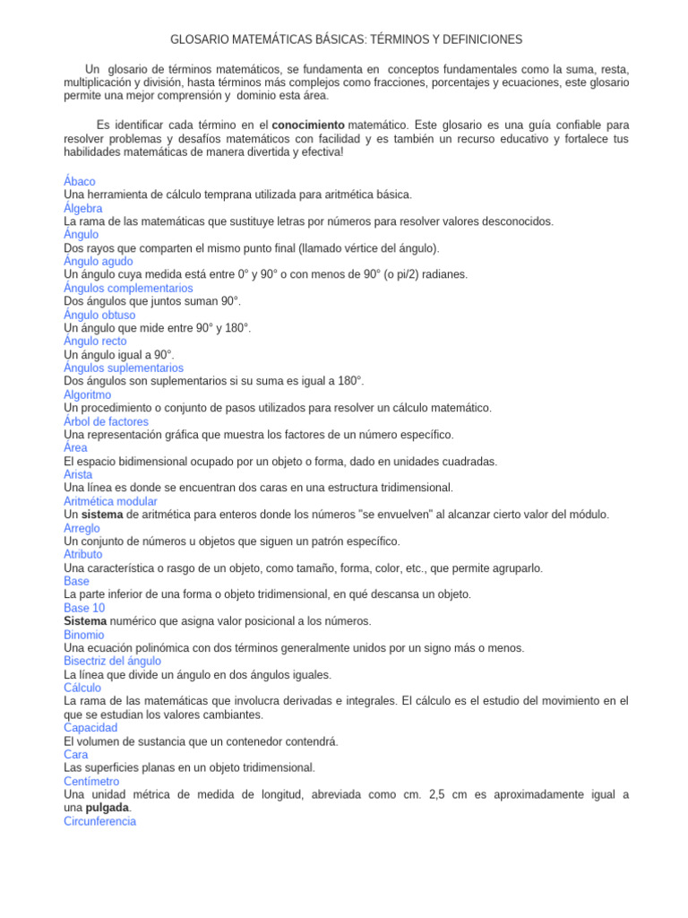 Glosario Matemáticas Básicas | PDF | Ángulo | Aritmética